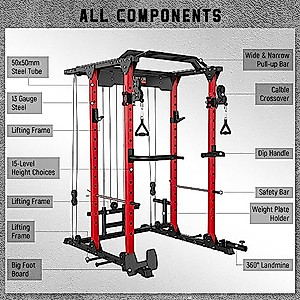 MAJOR LUTIE Power Cage with 230LBS Competition Bumper Plates and Olympic Barbell, PLM03 All-in-One Power Rack with Adjustable Cable Crossover System and Exercise Machine Attachment Red