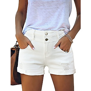 luvamia Women's Stretchy Ripped Denim Shorts High Waisted Cuffed Hem Jean Shorts Womens Shorts Casual Salt White Size Medium
