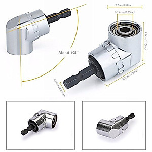 OCGIG 3 Pcs 105 Degree Right Angle Drill Attachment Hex Shank Screwdriver Angled Bit Holder Power Drill Tool and Flexible Angle Extension Soft Shaft Bit Kit for Drill or Driver 1/4" Socket Adapter