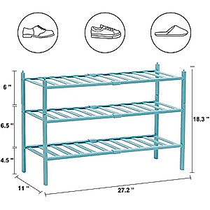 quiseolu Bamboo Shoe Rack 3 Tier Stackable Shoe Shelf 1 + 2 Tier Small Shoe Racks DIY Free Standing Shoe Stand for Closet Entryway Bedroom Floor Dorm Green Shoe Organizer D11 * W27.2 * H18.3 Inches