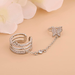 Xerling Delicate Butterfly Statement Rings for Women Bling Crystal Rhinestones Finger Ring for Teen Girls with Chain Tassel Finger Tip Rings Aesthetic Nail Rings (Type B)