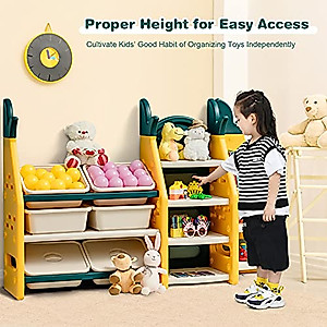 Costzon Kids Toy Organizers and Storage with Bookshelf, Large Multi-Purpose 3-Tier Toy Shelf, 6 Bins Removable Plastic Bins to Organize Books Toys, Toddler Corner Rack for Playroom Bedroom, Nursery