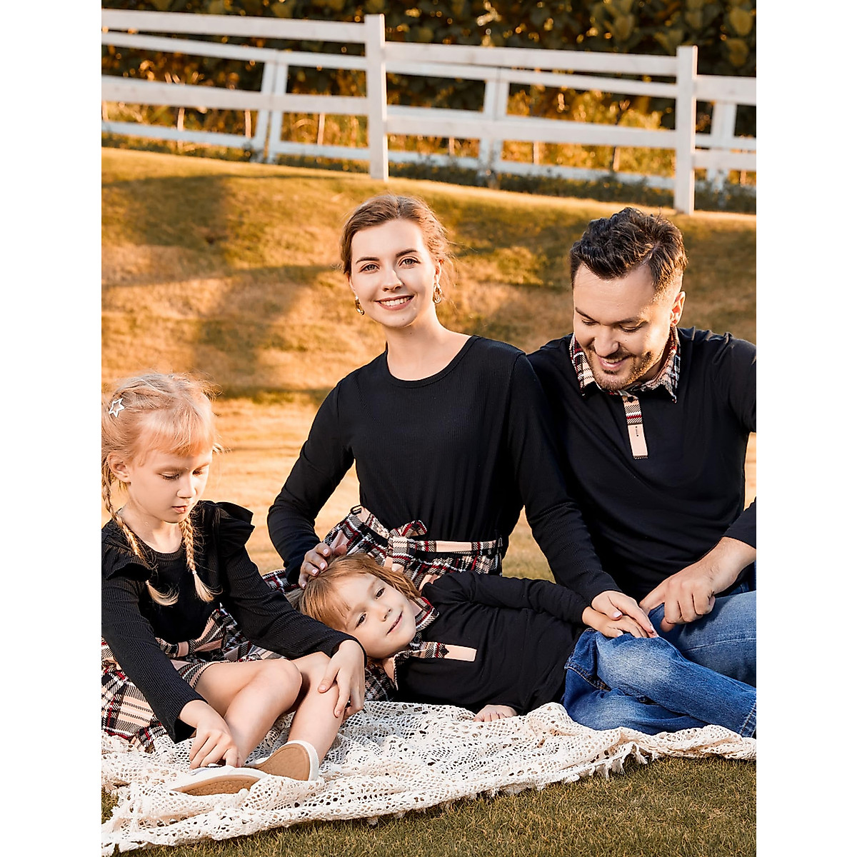 PATPAT Matching Family Outfits Mommy and Me Dresses Matching Set Mom and Daughter Matching Outfits Long Sleeve Patchwork Belted Dress and Button Down Plaid Shirts Khaki Buffalo Plaid Dress for Women M