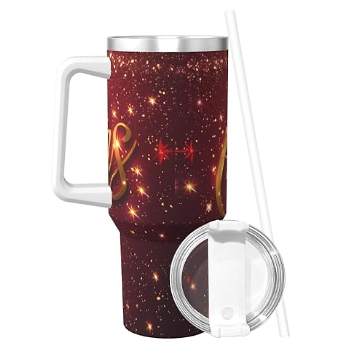 deaokluy 40 OZ Christmas Ice Bully Cup with Handle Straw Lid, Double Wall Stainless Steel Tumbler Travel Coffee Cup, Merry Insulation and Cooling Cup for Christmas Birthday Present