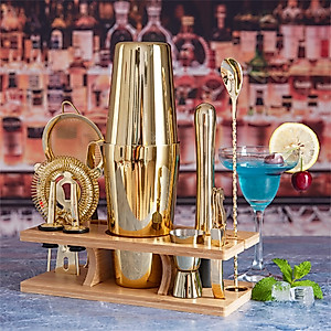 AUOXIOUYM 11-Pcs Cocktail Shaker Set Gold,Bartending Kit Stainless Steel Shakers 25oz Bar Kits for Bartender Mixing Set Barware Tool Sets for Professional Bartender and Home