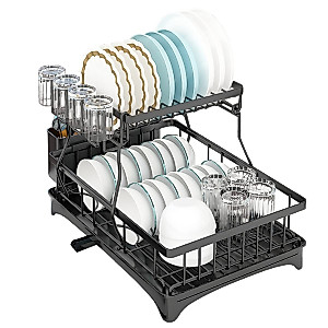 B BEAUTYBABY 2 Tier Dish Drying Rack with Drainboard Dish Racks for Kitchen Counter Dish Drainers Set with Utensils Holder Auto-Drainage Large Capacity Stainless Steel Dish Rack Detachable