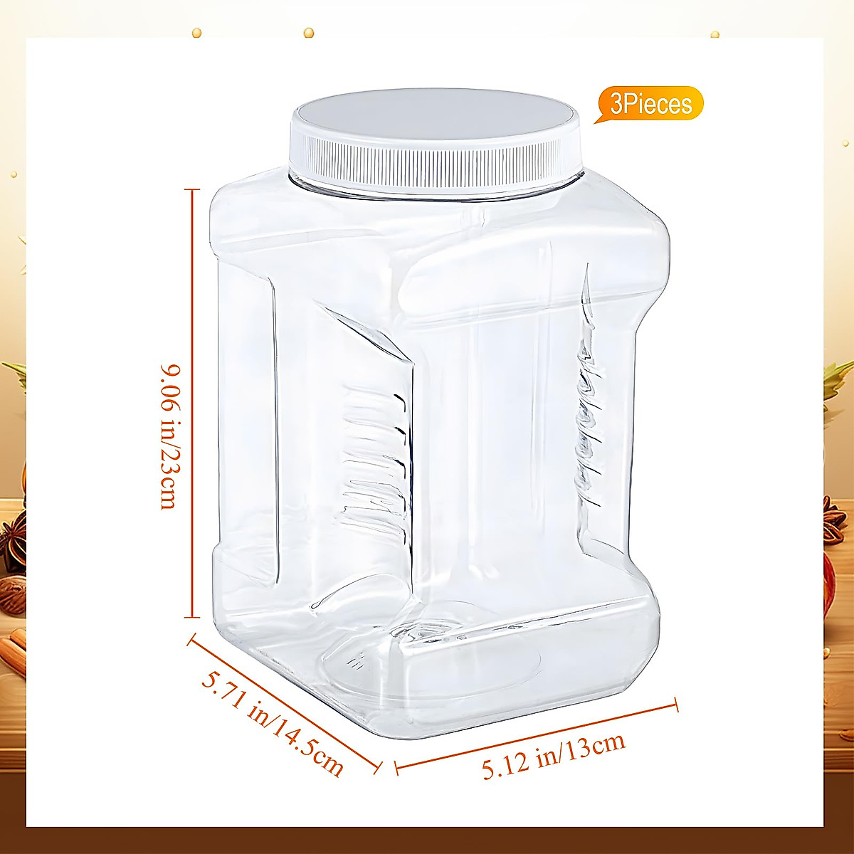 Ziliny 3 Pcs 1 Gallon Clear Plastic Jar with Lid Wide Mouth Square Screw Top Food Storage Containers, PET Plastic Empty Grip Jar Canisters for Candy Cookies Kitchen Food Safe(White Lid)