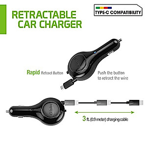 Cellet USB-C (Type-C) Retractable Car Charger, Fast Car Charger Compatible for Samsung Z Fold Z Flip Note 20 10 Galaxy S22 S21 S20 A71, A52, A51 LG Motorola Moto Google Pixel (USB-C 15 Watt)