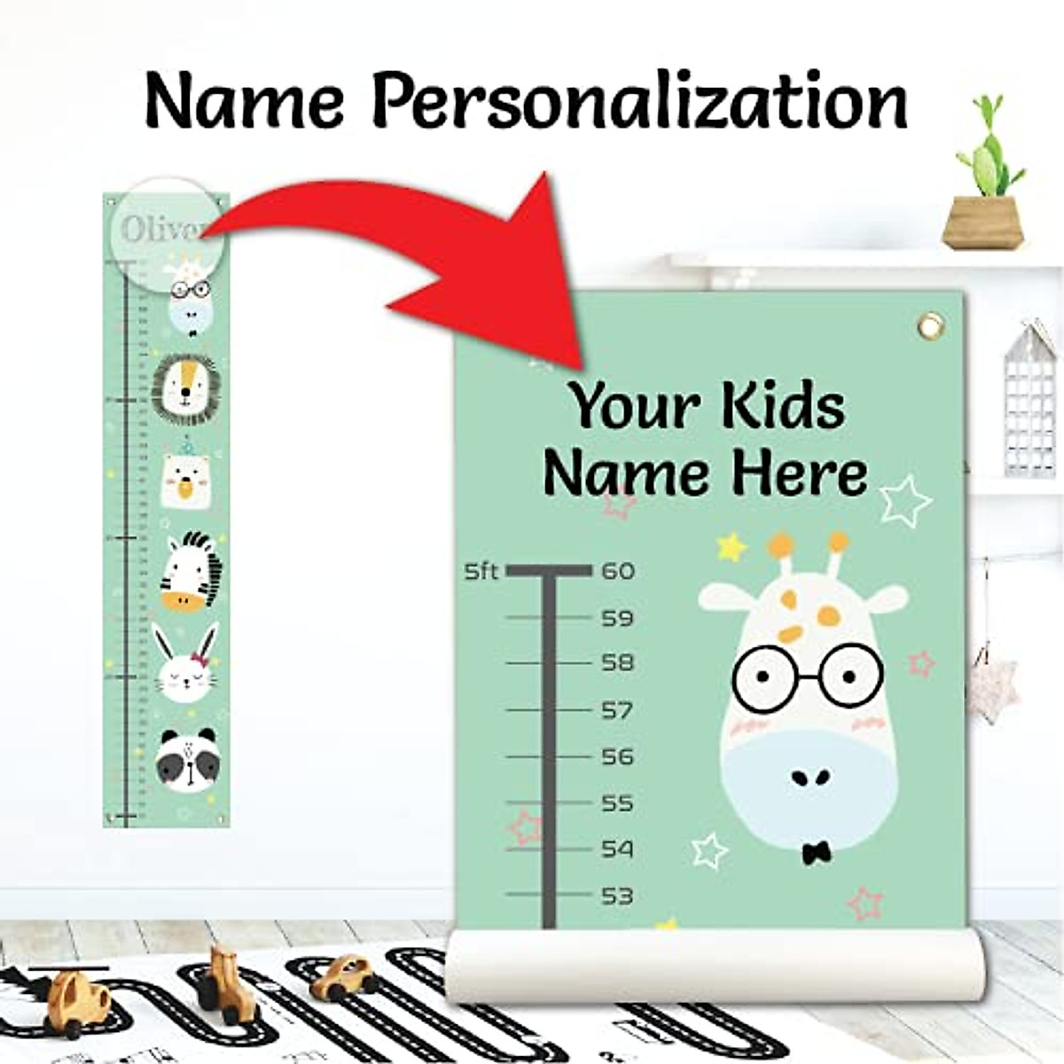 Personalized Canvas Growth Chart for Kids, Height Chart for Kids, Growth Chart Banner with Name (Animal 2)