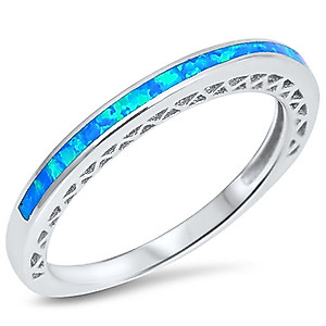 Blue Simulated Opal Fashion Thin Wedding Ring New .925 Sterling Silver Band Size 11