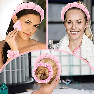 Araluky Spa Headband Set, 7Pcs Puffy Terry Cloth Headband and Wristband for Skincare, Makeup, Yoga, Shower, Spa Party, Sleepover Party, Pink