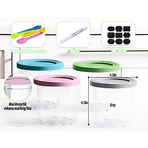 Litex Ninja Creami Pints 4 Pack，Creami Pints and Lids for Ninja，Smoothie Pot Compatible with NC299AMZ & NC300s Series Creamer Ice Cream Maker Machine，Dishwasher Safe, W/ 4X Spoon, 1 Marker and Sticker