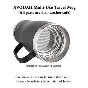 AVODAH 20 oz Tea Cup with Tea Infuser and Lid. Tea Infuser Mug with Tea Strainer, Two Lids & Straw. Coffee Travel Mug with Tea Accessories for Cold Brew (Black)