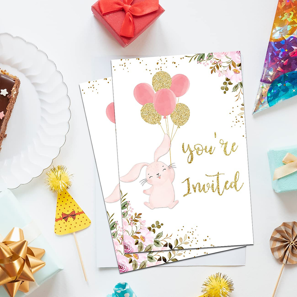 Soiceu Bunny 1st Birthday Party Invitations with Envelopes Set of 20 Pink Floral Bunny First Birthday Party Invites Fill in Blank