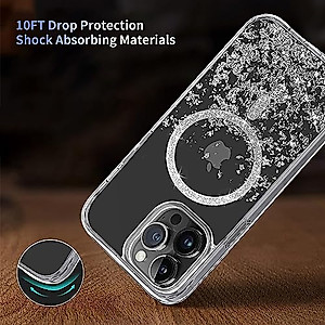 YAKGWERC【Bling Magnetic Ring Design Magnetic Glitter Case for iPhone 13 Pro Max [Compatible with MagSafe] [3-D Craft Glitter] Sparkly Cover for Women Girls, Clear Shockproof Silicone Bumper - Silver