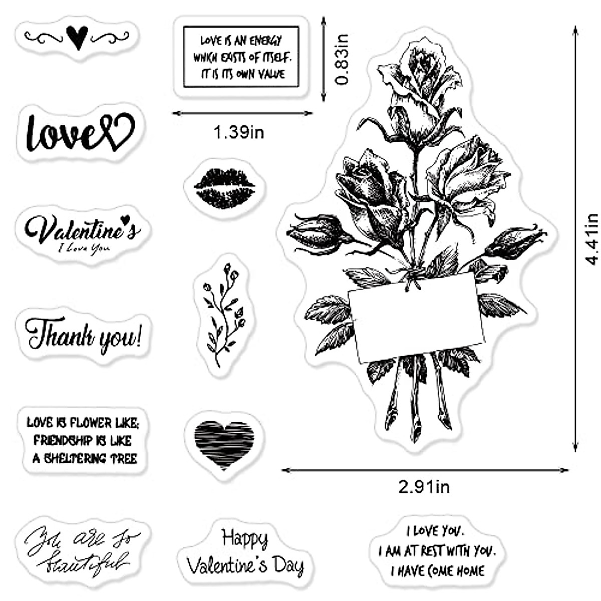 Valentines Flowers Clear Stamps for Card Making Decoration and Scrapbooking Supplies, Rose Love Words with Sentiment Transparent Rubber Stamps for Paper Card Photo Album Crafting Supplies
