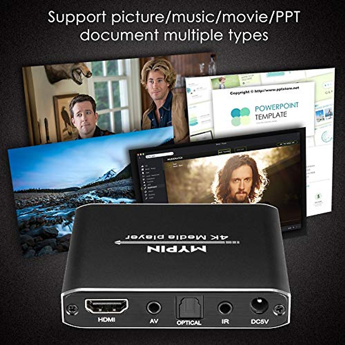 4K Media Player with Power Supply, Digital MP4 Player for 8TB HDD/USB Drive/TF Card/H.265 MP4 PPT MKV AVI Support HDMI/AV/Optical Out and USB Mouse/Keyboard-HDMI up to 7.1 Surround Sound (Black)