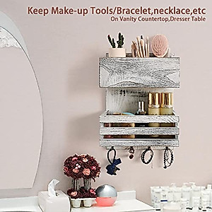 HAOYPAIC Wood Hair Dryer Holder Wall Mount, Bathroom Hair Care and Styling Tool Organizer, Farmhouse Wood Beauty Hair Appliance Holder with Shelf for Bathroom Accessories, Makeup, Toiletries (White)