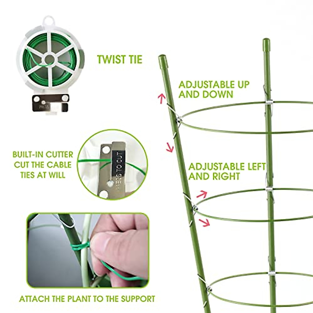 4 Pack Tomato Cage Plant Support Cages for Garden, 18 inches Trellis for Climbing Plants, Upgrade Garden Plant Stakes with Adjustable Ring, Tomato Rings for Support, with Twist Tie