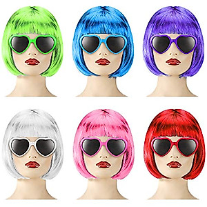 6 Pieces Party Wigs and Sunglasses Set Include Neon Short Bob Wig Colorful Sunglasses Cosplay Wig Daily Party Hairpieces for Halloween Party Supplies