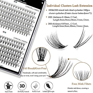 DIY Lash Extension Kit, Missicee Individual Lashes Kit with 240 Pcs Lash Clusters 5ml Cluster Lash Bond and Seal 1 Eyelash Applicator for Beginner DIY at Home Easy to Apply (10D+20D-C Curl-8-12 mix)