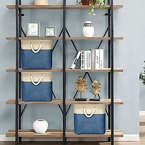 i BKGOO 3Pack Large Foldable Storage Bins，Collapsible Sturdy Cationic Fabric Organizing Storage Basket Cube with Cotton Handles for Home Office Shelf Clothes Toys Khaki-Blue 13×13×13 inch