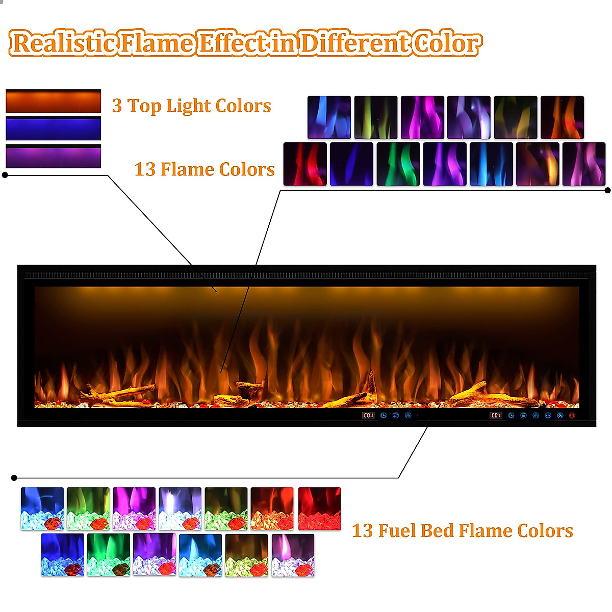 Benrocks 60'' Smart Electric Fireplace Inserts, Recessed & Wall Mounted Fireplace, 13 * 13 * 3 Color Combinations, App Control Fireplace Heater, Timer, Logs & Crystals 750/1500W Black
