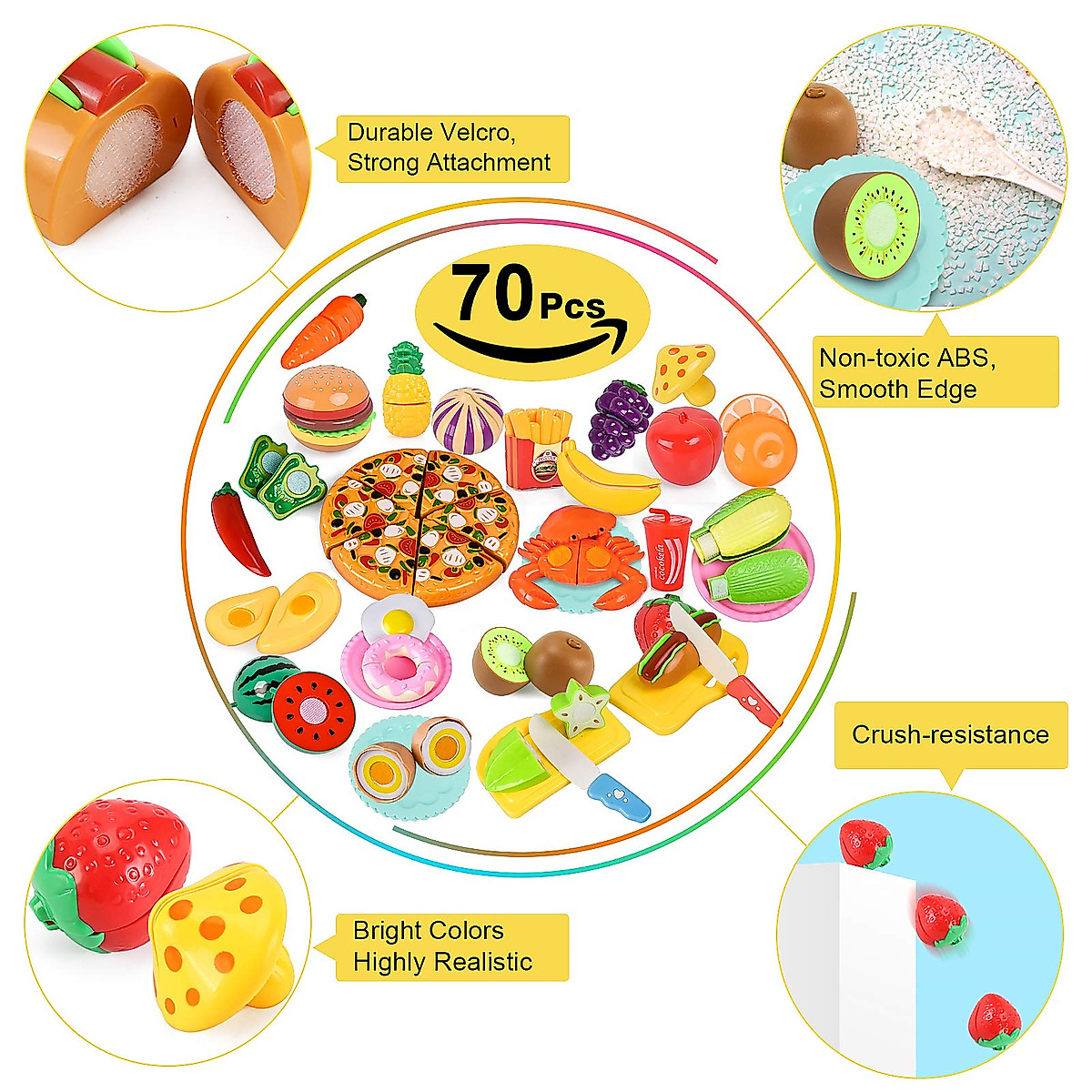 70PCS Pretend Play Food Sets for Kids Kitchen Toys Accessories Set BPA Free Plastic Pizza Toy Food Fruits and Vegetables Dishes Playset Christmas Birthday Gift Toys for Toddlers Boys Girls Storage Box