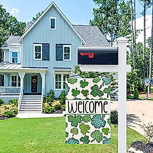 Welcome Spring St Patricks Day Garden Flags 12x18 Double Sided Burlap, Green Shamrock Lucky Sign Farmhouse Small Yard Outdoor Decorations DF197