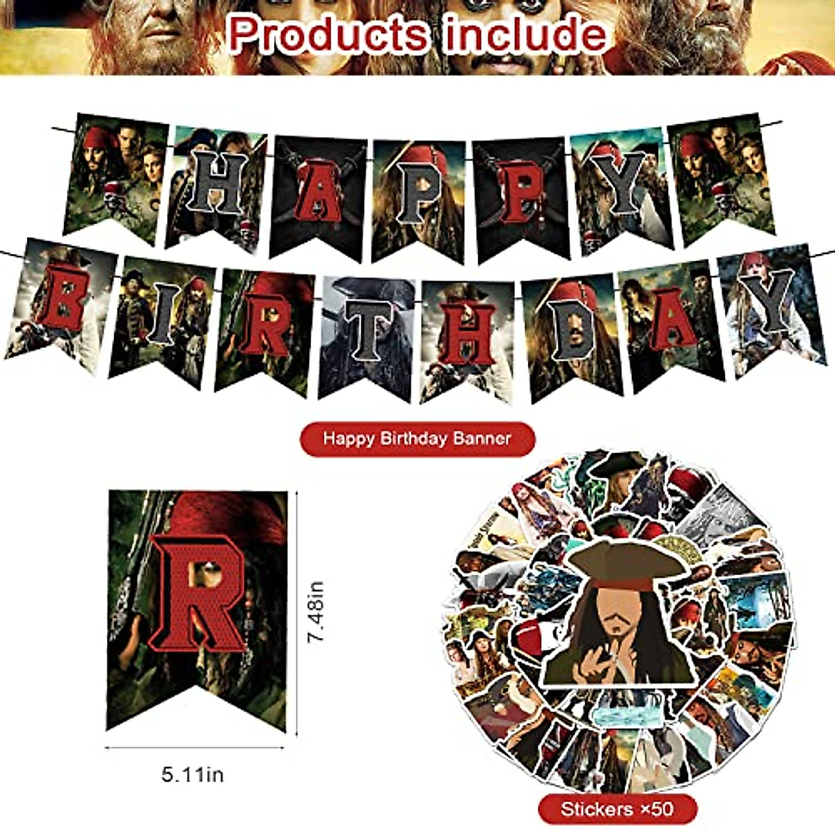Pirates of the Caribbean Party Decorations,Birthday Party Supplies For Depp Pirate Hat Party Supplies Includes Banner - 12 Cake Toppers - 18 Balloons - 50 Pirates Stickers