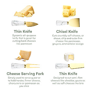 Hallops Marble Cheese Knife Set - 4 Knives for Charcuterie Board & Utensils, Rustic Ceramic White Handle, Elite-Quality Cutlery, Ideal Serving Accessories for Cheese & Wine - Ideal Gift