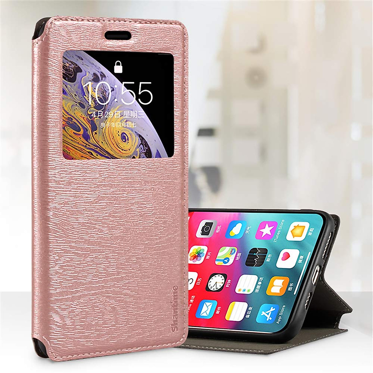 for Emporia Smart 4 Case, Wood Grain Leather Case with Card Holder and Window, Magnetic Flip Cover for Emporia Smart 4 (4.95”) Rose Gold