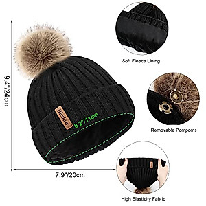 Hicdaw Kids Winter Hats Gloves Scarf Set Warm Knitted Touchscreen Gloves Toddlers Baby Beanie Hat with Fur Poms for Boy Girl, Black