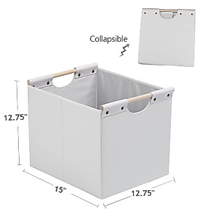 HOONEX Large Collapsible Storage Bins, Linen Fabric, Pack of 2, Storage Baskets with Wooden Carry Handles and Sturdy Heavy Cardboard, for Home, Office, Car, Nursery, White