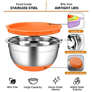 CHAREADA Mixing Bowls with Airtight Lids, 18pcs Stainless Steel Nesting Colorful Mixing Bowls Set Non-slip Silicone Bottom, Size 7, 5.5, 4, 3.5, 2.5, 2, 1.5 qt, Fit for Mixing & Serving