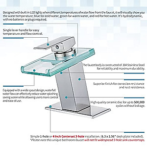 Y-Garhe LED Bathroom Sink Faucet - Brushed Nickel Single Hole or 4 Inch Centerset Waterfall Faucet with Glass Spout and Temperature-Sensitive LED Lights, Includes Deck Plate