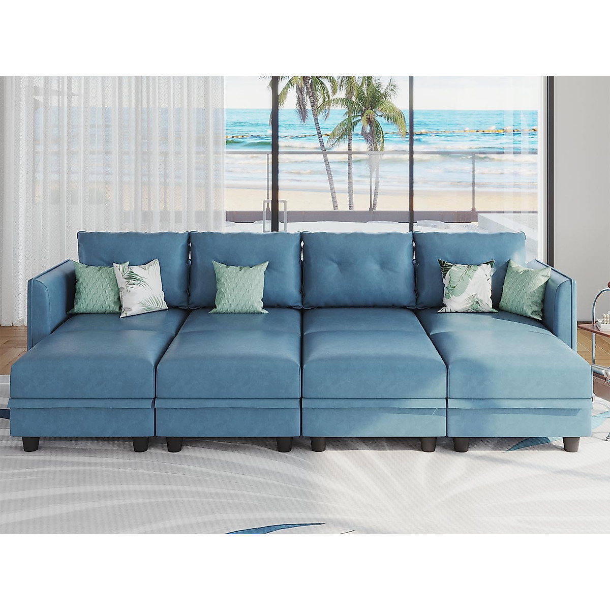 LLappuil Modular Sectional Couch with Reversible Chaise Faux Leather Fabric Oversized 8 Seater U Shaped Sectional with Storage Convertible Sofa Sleeper Couch, Navy Blue