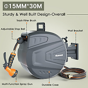 Roywel Hose Reel,Garden Hose Reel with Retractable Hose 100ft 5/8,Hose Reel Wall Mount 5/8 Retractable Hose Reel,Auto-Rewind,Auto Lock, with 9 in 1 Spray Gun,180° Pivot for watering