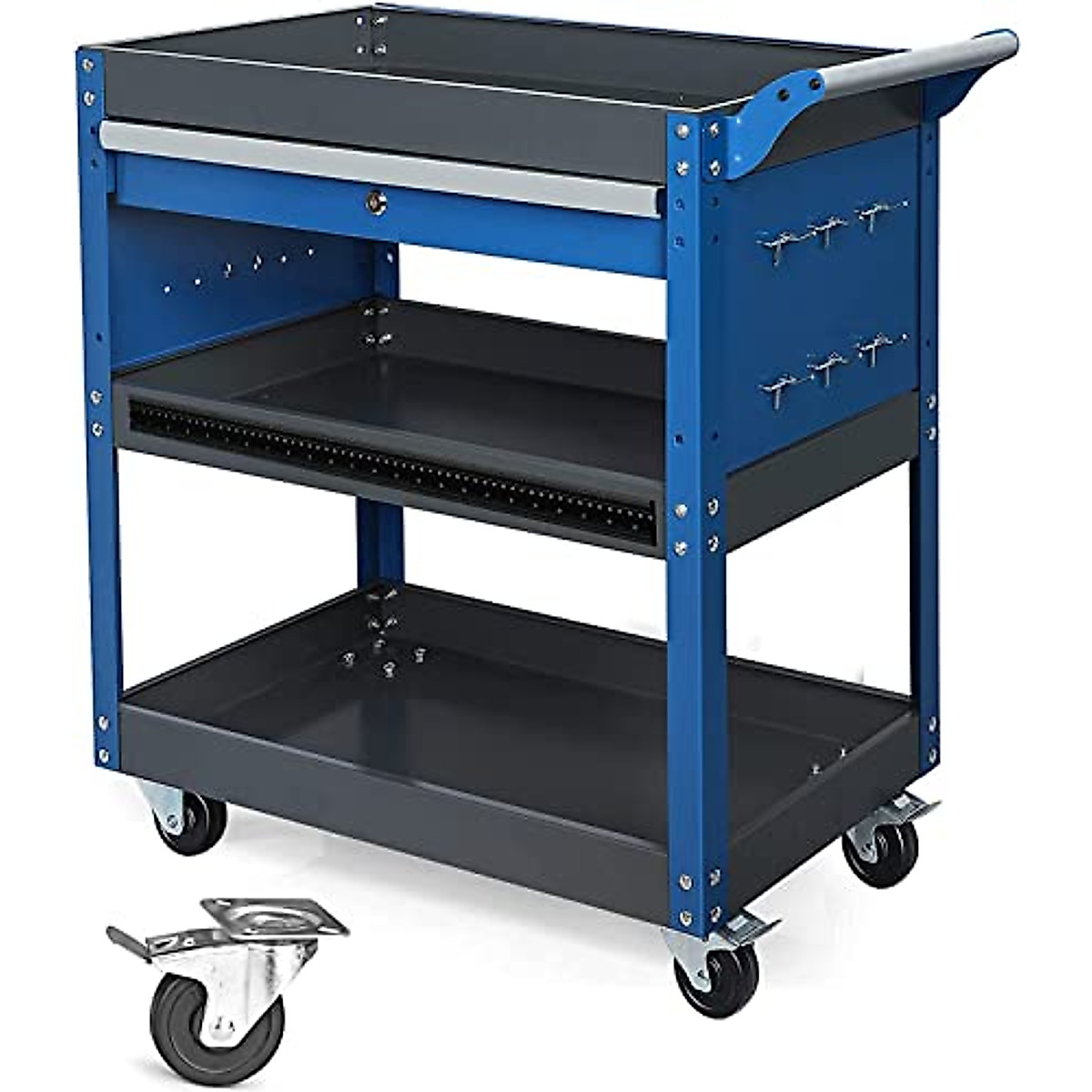 AIRAJ PRO 3 Tier Tool Cart,440 LBS Rolling Tool Cart with Drawer and Wheels,Heavy Duty Industrial Service Cart,Tool Storage Cart with Lockable Drawers ,Tool Storage Organizer for Garage, Warehouse,Workshop,Blue