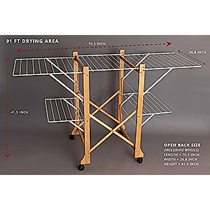 Scandinaf Foldable Clothes Drying Rack | Collapsible Drying Racks for Laundry | Extra Large and Heavy Duty Clothing Drying Rack with Iron Wires and Wooden Legs and 2 Levels with 91 Ft Drying Area