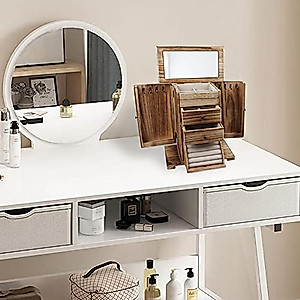 Jwinkumy Jewelry Box Wooden Rustic Large Organizer with Mirror, 4 Layer Jewelry Display Cabinet for Earring Ring Necklace Bracelet Gift for Women Girls