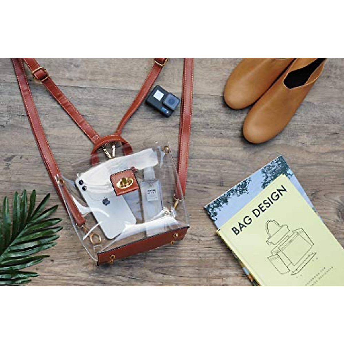 HOXIS Multifunction Clear Backpack for Stadium Approved Convertible Women Cross Body Bag (Brown)