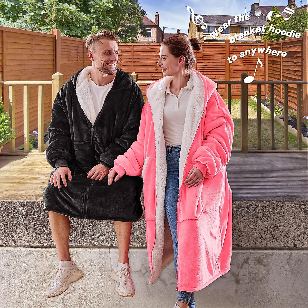 JOYWOO Oversized Wearable Blanket Hoodie, Long Hooded Blanket for Adult, Birthday Christmas Gifts for Women Men, Cozy Sherpa Sweatshirt Blanket with Giant Pocket and Zipper, Black