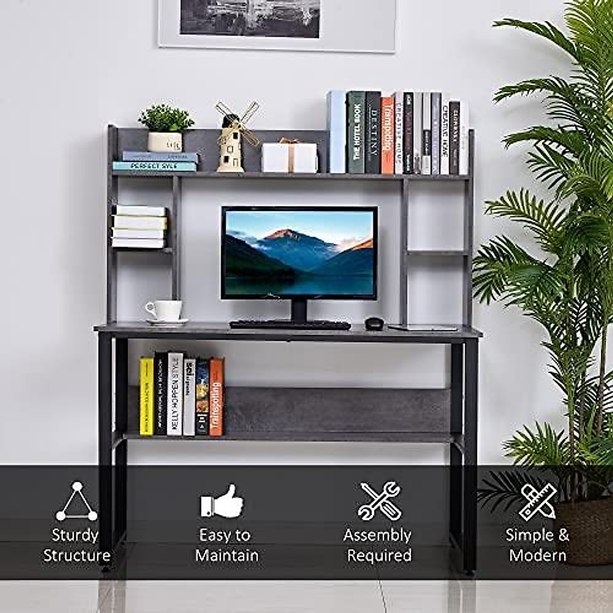 HOMCOM Office Computer Desk Writing Table Workstation with Storage Shelves, Decorative Hutches, & Strong Build, Grey