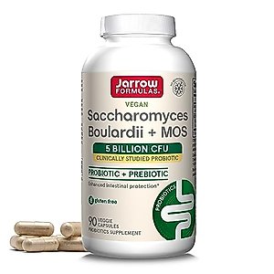 Jarrow Formulas Saccharomyces Boulardii Probiotics + MOS 5 Billion CFU Probiotic Yeast for Intestinal Health Support, Gut Health Supplements for Women and Men, 90 Veggie Capsules, 90 Day Supply