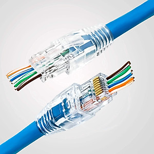 Bundle – 2 items: RJ45 Crimp Tool + 50/50 Pack of Cat6/6a Pass Through Connectors and Strain Relief Boot, for a Thick 23 AWG Large Diameter UTP Cable.