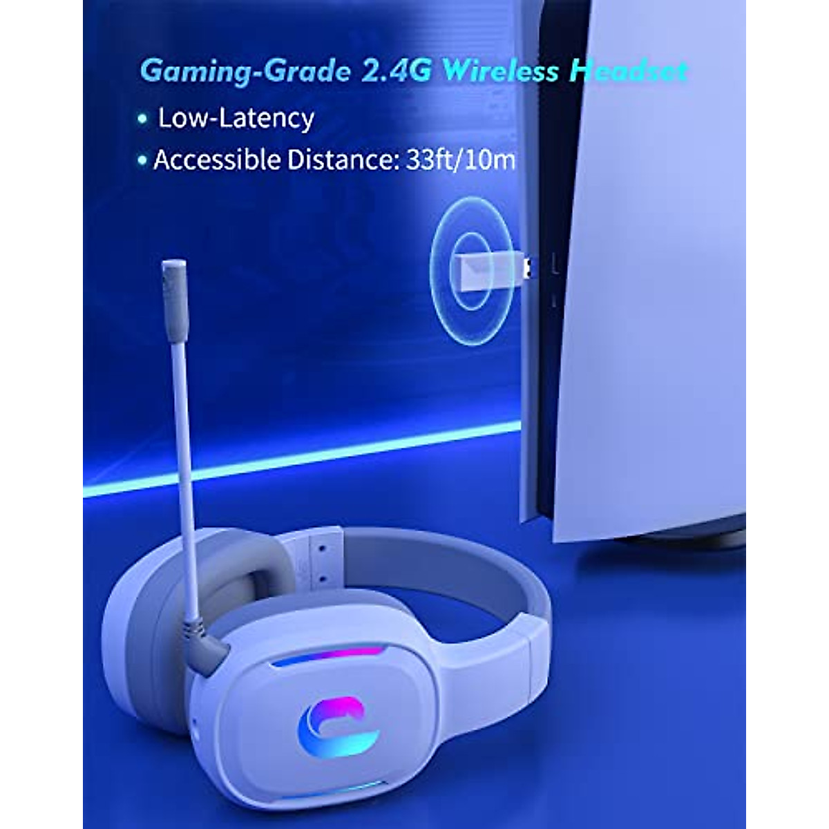 Jeecoo G80 Wireless Gaming Headset - 7.1 Surround Sound, Detachable Noise Canceling Mic, Low Latency 2.4G Wireless Gaming Headphones, Shining RGB - Works with PS4 PS5 PC Laptop Computers