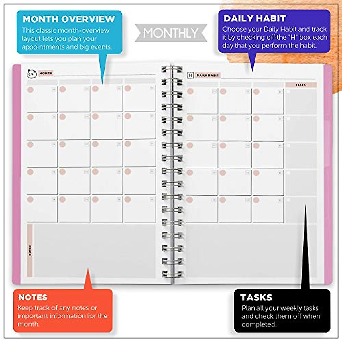Pink Daily Planner 2.0 - Daily Planner 2023 Page a Day - Monthly, Weekly and Daily Sections Simplified - Undated Goal Oriented 3 Month Agenda Planner by Panda Planner - 5.75” x 8.25”