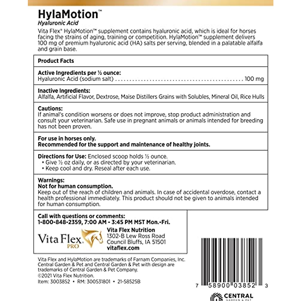 Vita Flex Pro Hylamotion Hyaluronic Acid Horse Joint Supplement; Ideal for Aging, Training or Competition Horses, 2.5 Pounds