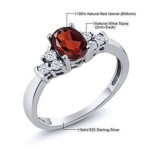 Gem Stone King 925 Sterling Silver Oval Red Garnet and White Topaz Jewelry Ring For Women (0.79 Cttw, Gemstone Birthstone, Available In Size 5, 6, 7, 8, 9)